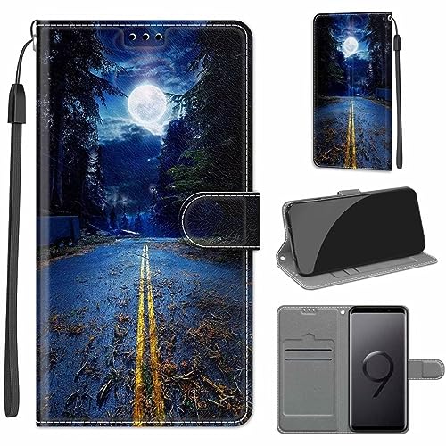Domintell Galaxy S9 + Plus/G965 Moon Painted Wallet Case,[Card Slots] PU Leather Wallet Protection Case Magnetic Stand Flip Case Cover for Samsung Galaxy S9 + Plus Wrist Starp
