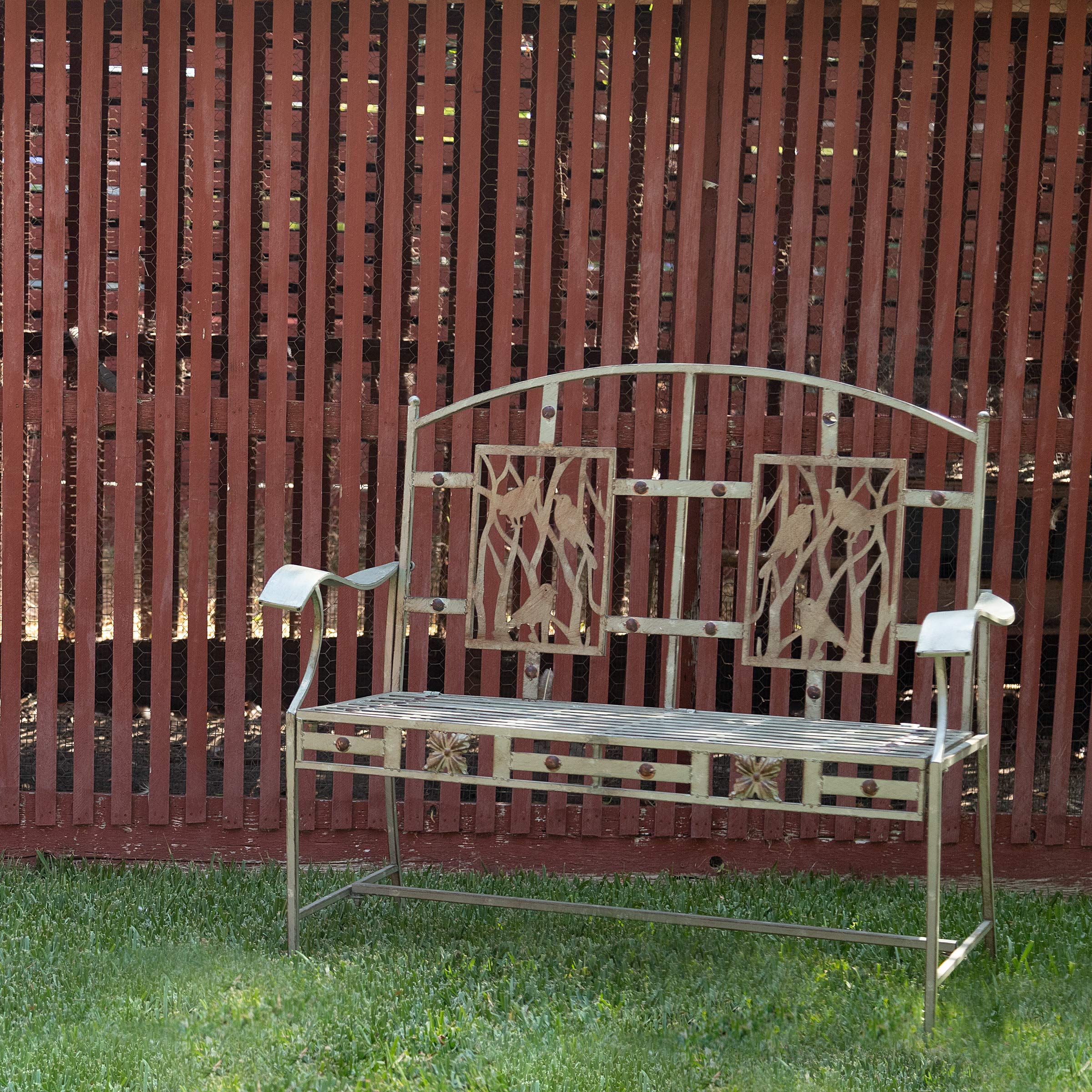 Alpine Corporation 45" x 22" Outdoor 2 Person Metal Garden Bench with Bird Design, White