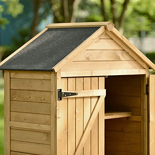 Lifeand 5.8ftx3ft Outdoor Wood Lean-to Storage Shed Tool Organizer with Waterproof Asphalt Roof, Lockable Doors, 3-Tier Shelves for Backyard, Natural