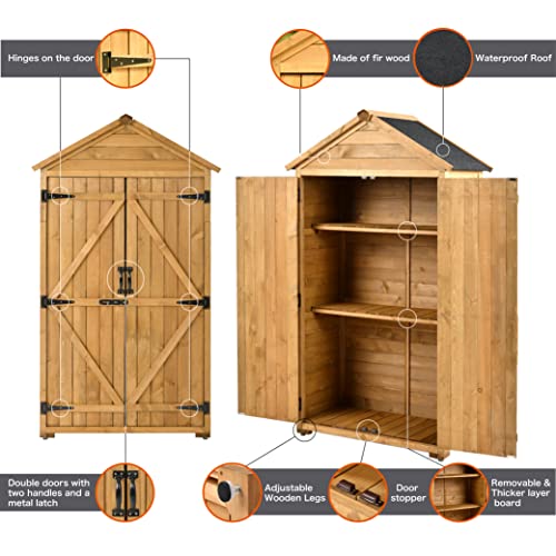Lifeand 5.8ftx3ft Outdoor Wood Lean-to Storage Shed Tool Organizer with Waterproof Asphalt Roof, Lockable Doors, 3-Tier Shelves for Backyard, Natural