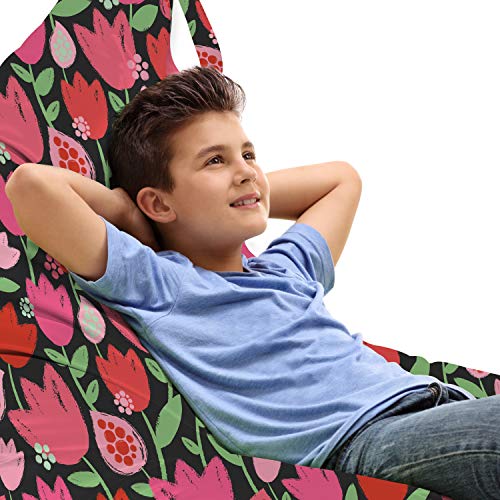 Ambesonne Floral Lounger Chair Bag, Painted Illustration of Tulips Spring Blooming in Pinkish Warm Colors, High Capacity Storage with Handle Container, Lounger Size, Charcoal Grey Multicolor