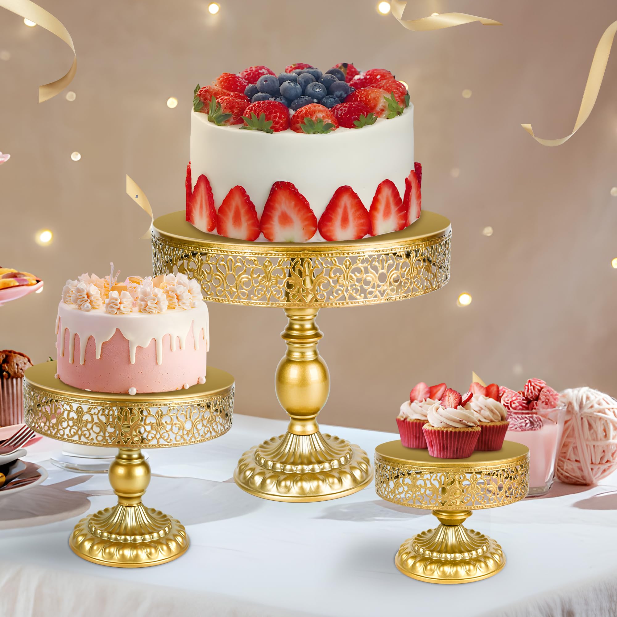 3-Pack Cake Stands, Round Metal Cupcake Stands for Dessert Table, Dessert Display Cake Stands, Brithday Wedding Party Celebration Dessert Cake Display Plates(Gold)