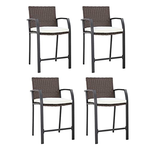 LOKATSE HOME Bar Stools Counter Height Chair Set of 4 Patio Furniture with Armrest for Garden Pool Lawn Backyard, Beige