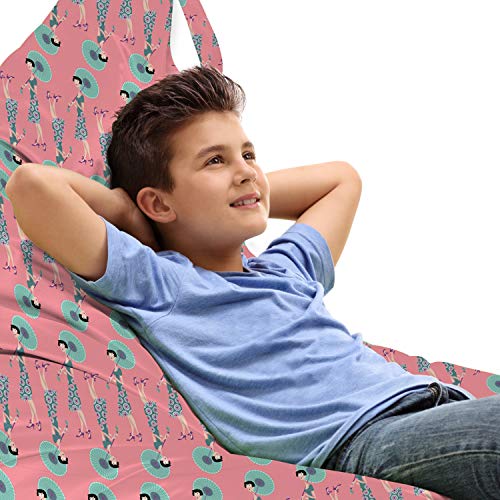 Ambesonne Modern Lounger Chair Bag, Urban Girl in Retro Fashion Clothes Holding Umbrella Hipster Art Deco, High Capacity Storage with Handle Container, Lounger Size, Pale Pink and Turquoise