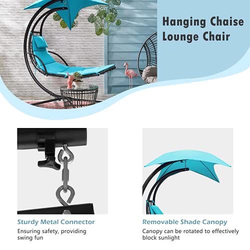 Greesum Hanging Curved Lounge Chaise Chair, Hammock Swing Chaise Chair, Floating Bed Furniture with Pillows, Canopy, Blue