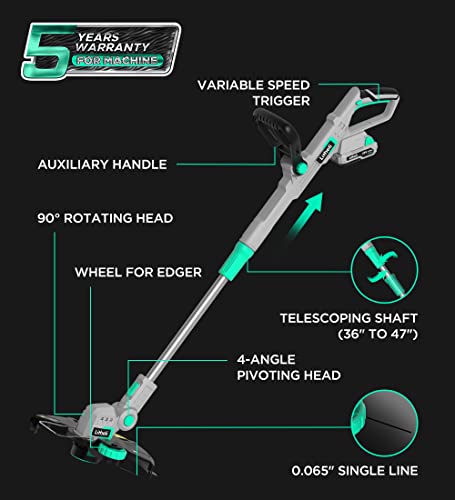 Litheli 20V 12" Cordless String Trimmer & Wheeled Edger, Battery Powered, Automatic Line Feed, 2.0Ah Battery and Charger for Lawn Trimming and Edging