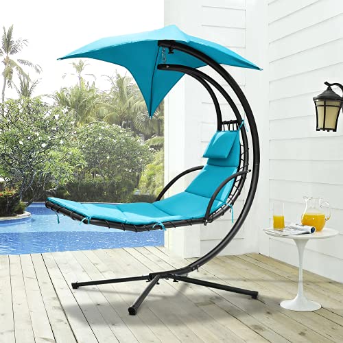 Greesum Hanging Curved Lounge Chaise Chair, Hammock Swing Chaise Chair, Floating Bed Furniture with Pillows, Canopy, Blue