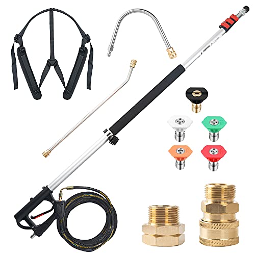Xiny Tool 19 FT Pressure Washer Telescoping Extension Wand 4000 PSI, Maximum Telescoping Length of 19 Ft including 2 x 1/4 inch Wands, 2 Adapters, 5 Nozzle Tips and Belt for Pressure Washers