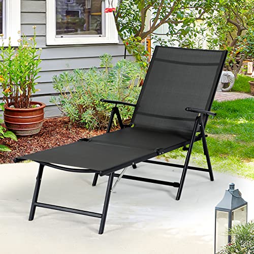 AECOJOY Outdoor Lounge Chair, Adjustable Reclining Folding Pool Lounger with 7 Back & 2 Leg Adjustable Positions, Chaise Lounge for Outside Patio, Poolside,Deck, Black