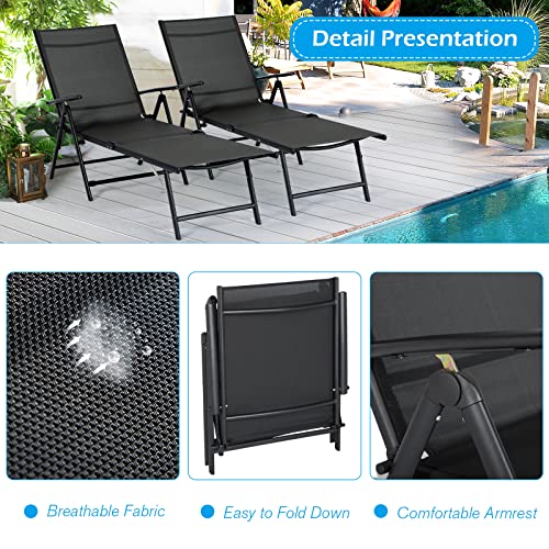 AECOJOY Outdoor Lounge Chair, Adjustable Reclining Folding Pool Lounger with 7 Back & 2 Leg Adjustable Positions, Chaise Lounge for Outside Patio, Poolside,Deck, Black