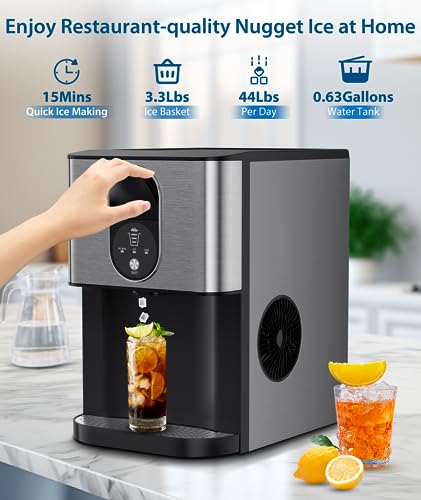 Joy Pebble Nugget Ice Maker Dispenser, Self Dispensing Pellet Ice Maker, 44lbs/24H, 15mins Quick Ice Make, 3.3lbs Ice Storage, Ice Full Indicator, Self-Cleaning, Home, Kitchen, Bar, Party