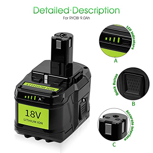 【Upgrade!】 CaliHutt 18V 9.0Ah Replace Battery for Ryobi ONE+ Plus 18V Battery High Capacity 18V Lithium-Ion Battery P102 P104 P105 P106 P108 P107 P109 for Cordless Power Tools