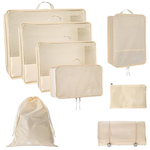 Packing Cubes for Suitcases, JARWEEN Suitcase Organizer Bags 8 Set, Luggage Organizer Bags for Travel Accessories,Carry-on Bag Storage for Trip (Beige)