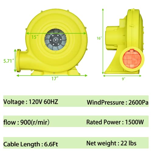WGIA 1500w Blower for Inflatable Bounce House, Commercial Electric Pump Fan for Inflatable Water Slides & Screen Movie, Quick Blow Up, Air Blower for Inflatables(UL Certification)