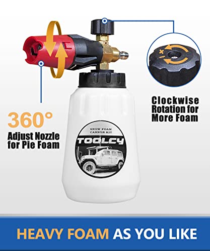 TOOLCY Foam Cannon Kit with Pressure Washer Gun 5000 PSI, 5 Pressure Washer Nozzle Tips, 1/4" Quick Connector, 1L Bottle, Quick Release, Industrial Grade