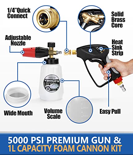 TOOLCY Foam Cannon Kit with Pressure Washer Gun 5000 PSI, 5 Pressure Washer Nozzle Tips, 1/4" Quick Connector, 1L Bottle, Quick Release, Industrial Grade