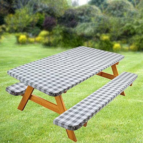 Aksipo Vinyl Picnic Tablecloths and Bench Covers, Waterproof Picnic Table and Bench Seat Covers with Elastic Edges for Outdoor Patio Park, Gray Checkered Flannel Backed Lining, 72 Inch 3 Piece Set