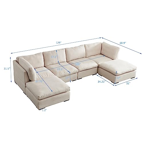 Eafurn Sleeper Bed Modular Sectional Reversible Chaise, Modern U-Shaped 6-Seat Corner Moveable Ottoman,Free Combination Down Filled Soft Sofa & Couch for Living Room,Home,Office, Beige 129