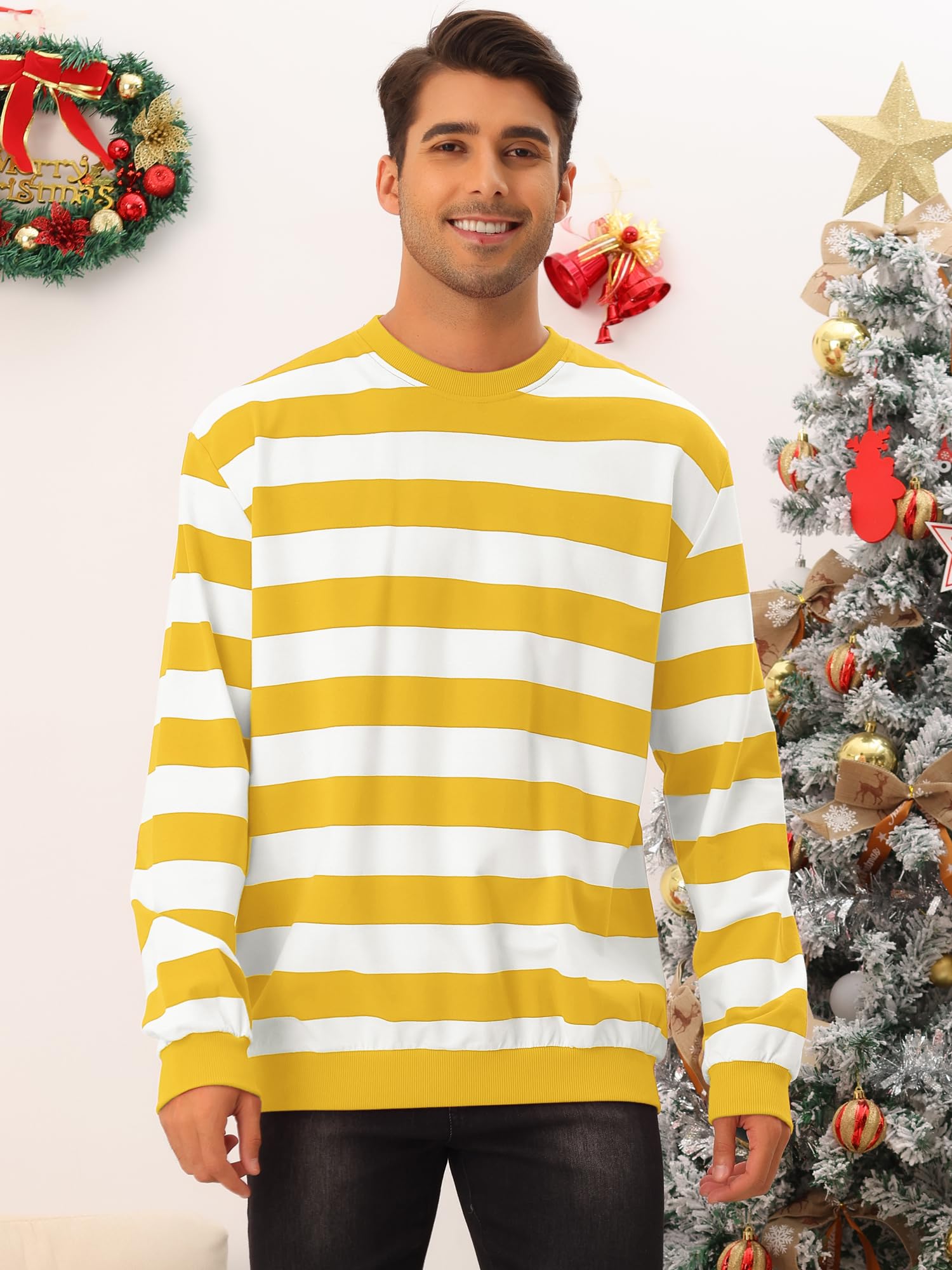 Lars Amadeus Yellow Striped Sweatshirt for Men's Crew Neck Long Sleeves Pullover Color Block Sweatshirts XX-Large