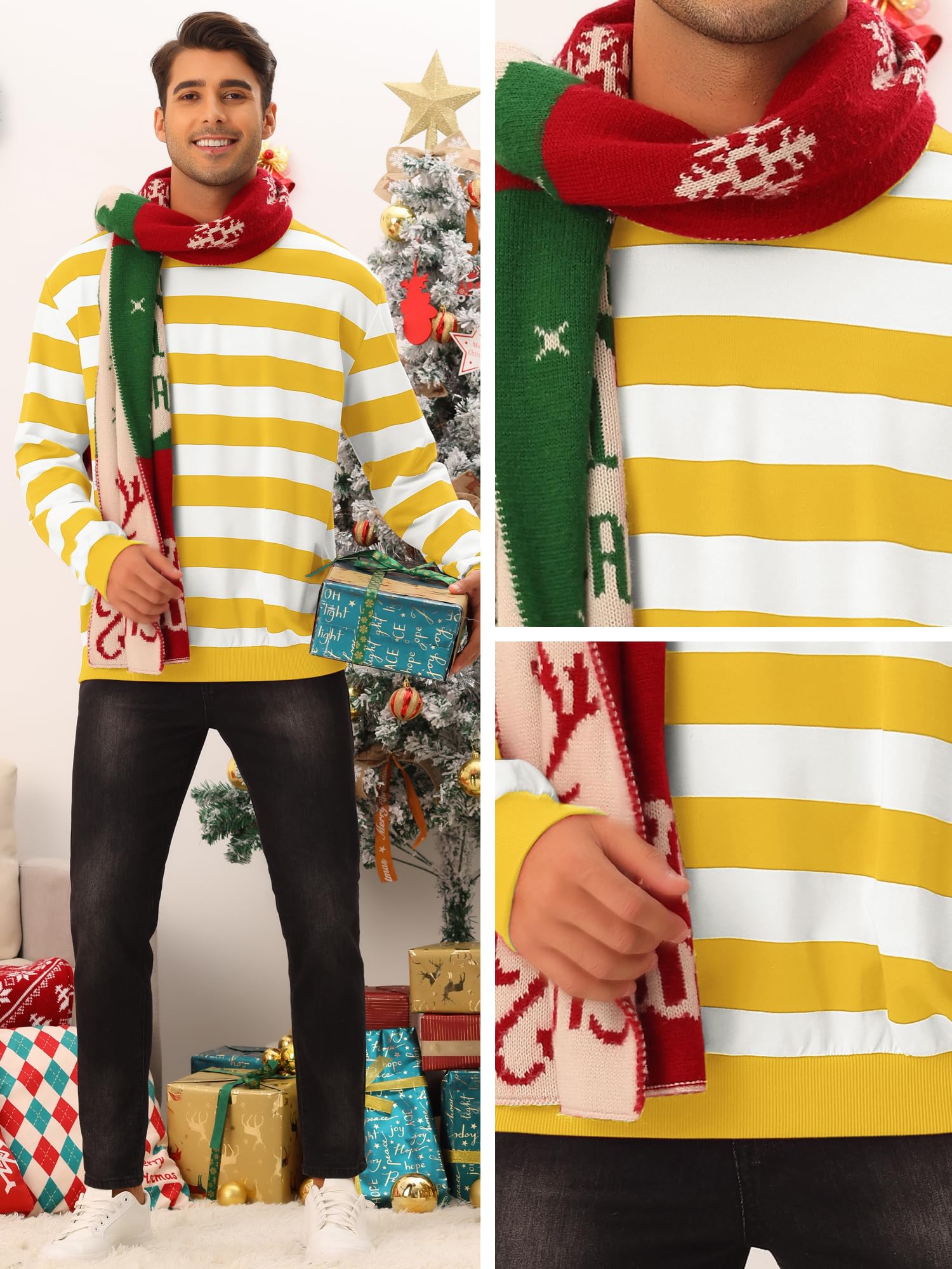 Lars Amadeus Yellow Striped Sweatshirt for Men's Crew Neck Long Sleeves Pullover Color Block Sweatshirts XX-Large