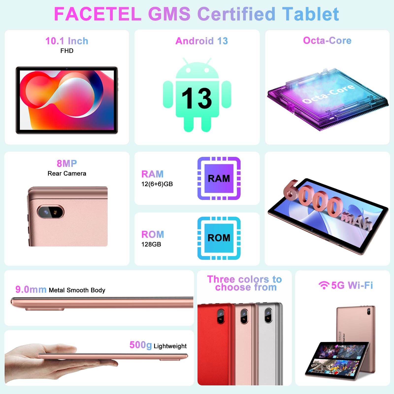 Tablet 10 inch Android 13 Tablet Octa-Core 2.0 GHz with 12GB RAM 128GB ROM, 5G WiFi, 6000mAh, HD IPS Touchscreen, Bluetooth 5.0, 1280 * 800, 5+8 MP 2 in 1 Tablet with Keyboard and Mouse - Rose