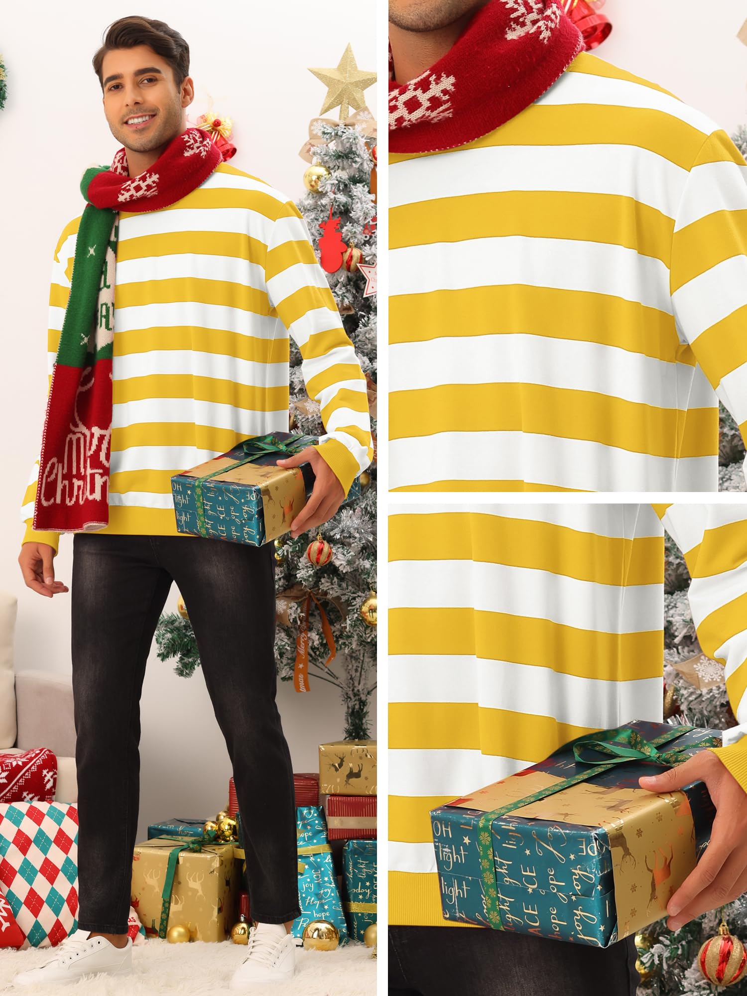 Lars Amadeus Yellow Striped Sweatshirt for Men's Crew Neck Long Sleeves Pullover Color Block Sweatshirts XX-Large