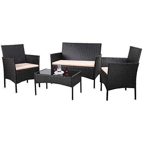 Homall 4 Pieces Patio Rattan Chair Wicker Set,Outdoor Indoor Use Backyard Porch Garden Poolside Balcony Furniture (Black and Beige)