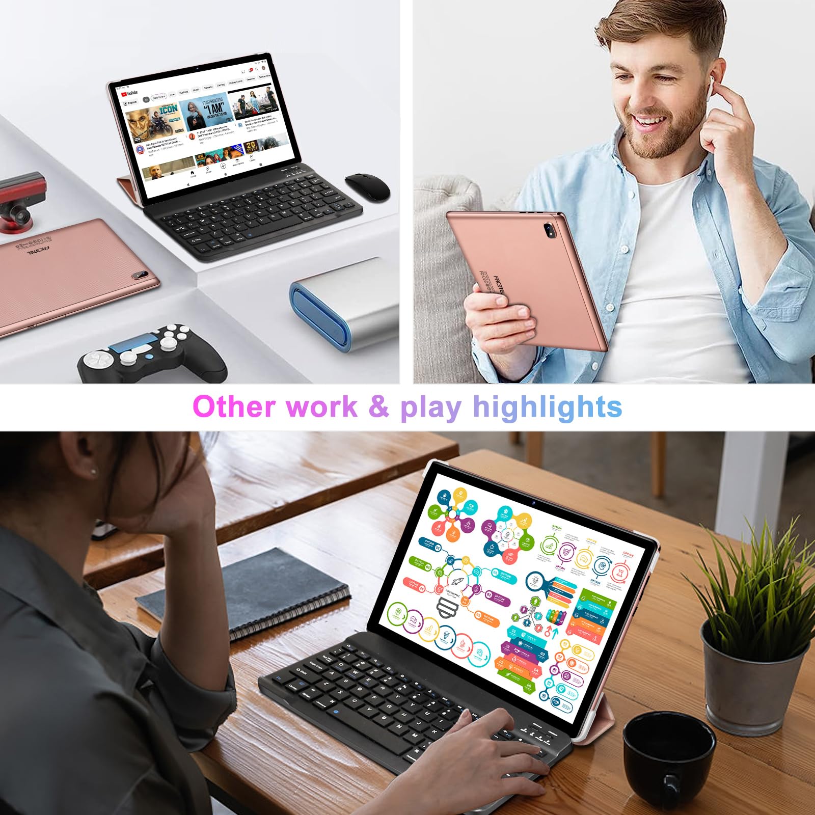 Tablet 10 inch Android 13 Tablet Octa-Core 2.0 GHz with 12GB RAM 128GB ROM, 5G WiFi, 6000mAh, HD IPS Touchscreen, Bluetooth 5.0, 1280 * 800, 5+8 MP 2 in 1 Tablet with Keyboard and Mouse - Rose