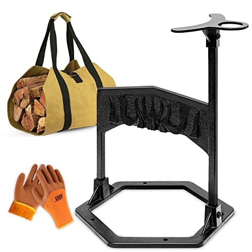 Firewood Kindling Splitter, XXL Upgraded Patented Manual Log Splitter Wedge, Open Top Ring Design, Could Accomodate Larger Logs, 15.8'' Tall Heavy Duty Wood Cracker with Firewood Tote Bag & Gloves