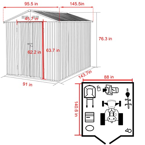 MUPATER Shed Outdoor Storage 8x12 FT, Metal Shed Kit with Lockable Doors and Vents, Garden Tool Storage Shed House for Backyard, Patio and Lawn, Grey