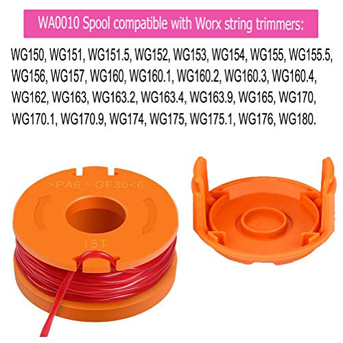TOPEMAI WA0010 Replacement Trimmer Spool Line 0.065β for Worx WG154 WG163 WG160 WG180 WG175 WG155 WG151 String Trimmer (12 Spools + 3 Caps)