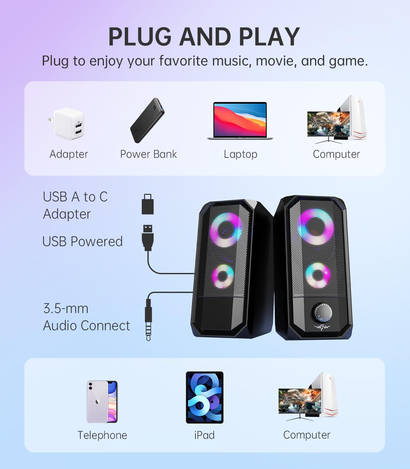 Fishcovers Computer Speakers for Desktop PC and Laptop, Monitor Speakers with RGB Lights,FC03 USB Powered Gaming Speakers