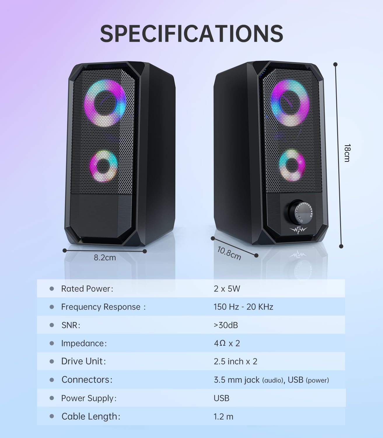 Fishcovers Computer Speakers for Desktop PC and Laptop, Monitor Speakers with RGB Lights,FC03 USB Powered Gaming Speakers