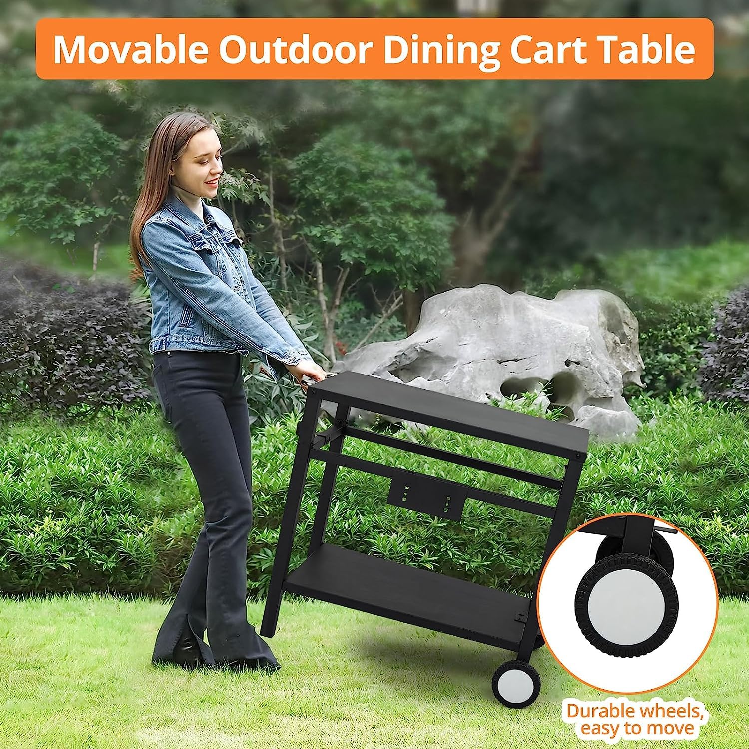 Bar Cart, Outdoor Grill Cart, Pizza Oven Stand, BBQ Prep Table with Wheels & Hooks, Side Handle, Double-Shelf Grilling Cart, Tabletop Griddle Cooking Station for Bar, Patio, Kitchen (Black)