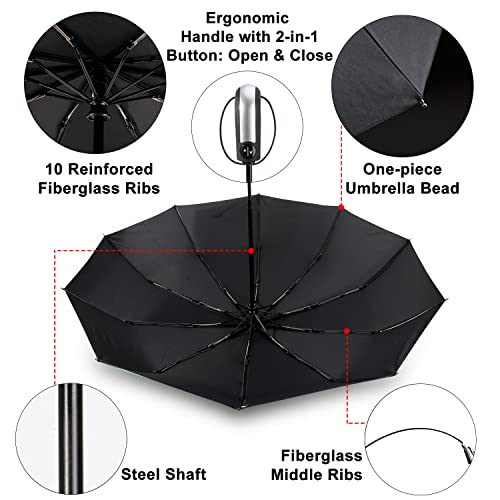 TradMall 2 Pack Travel Umbrella Windproof 46 Inches Large Canopy Reinforced Fiberglass Ribs Auto Open & Close, Black