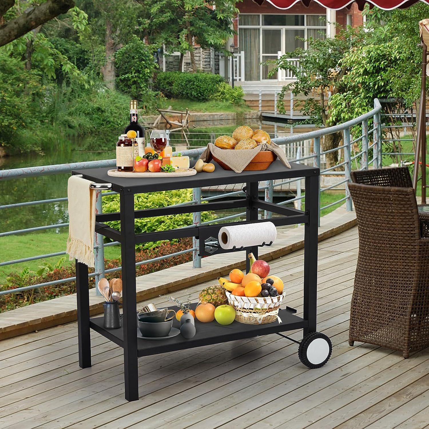 Bar Cart, Outdoor Grill Cart, Pizza Oven Stand, BBQ Prep Table with Wheels & Hooks, Side Handle, Double-Shelf Grilling Cart, Tabletop Griddle Cooking Station for Bar, Patio, Kitchen (Black)
