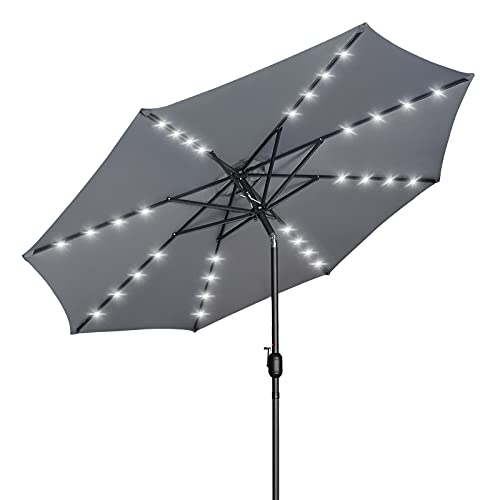 JMEXSUSS 9ft Patio Umbrella with Solar Lights, 32 LED Lighted Umbrella Outdoor Patio Table Umbrella, 8 Ribs Market Umbrella w/Tilt Adjustment and UV-Resistant Fabric, Grey