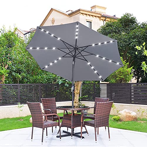 JMEXSUSS 9ft Patio Umbrella with Solar Lights, 32 LED Lighted Umbrella Outdoor Patio Table Umbrella, 8 Ribs Market Umbrella w/Tilt Adjustment and UV-Resistant Fabric, Grey