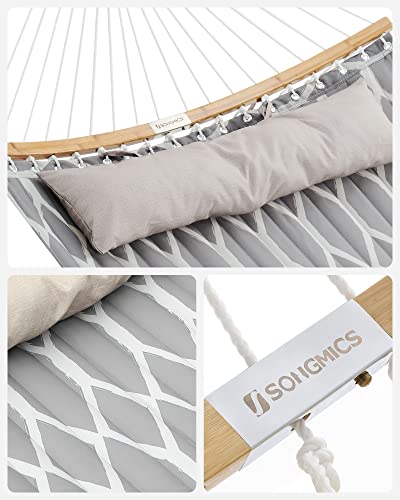 SONGMICS Hammock, Quilted Hammock with Curved Bamboo Spreaders, Pillow, 78.7 x 55.1 Inches, Portable Padded Hammock Holds up to 495 lb, Gray and Beige Rhombus UGDC034G02