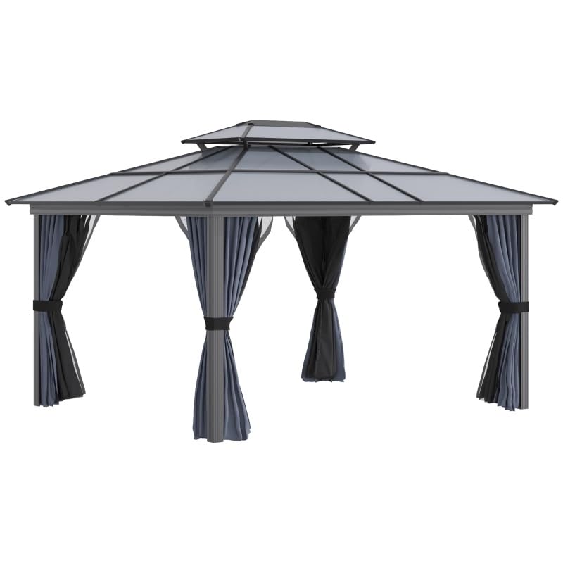 10x12 Hardtop Gazebo, Polycarbonate Gazebo Canopy with Curtains, Aluminum Frame Outdoor Canopy for Patios, Decks, Gardens, Lawns and Pools