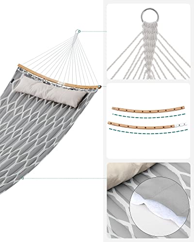 SONGMICS Hammock, Quilted Hammock with Curved Bamboo Spreaders, Pillow, 78.7 x 55.1 Inches, Portable Padded Hammock Holds up to 495 lb, Gray and Beige Rhombus UGDC034G02