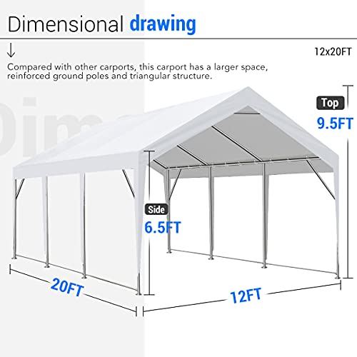 PEAKTOP OUTDOOR 12 x 20ft Upgraded Heavy Duty Carport with Removable Sidewalls,Portable Car Canopy,Garage Tent,Boat Shelter with Reinforced Triangular Beams and 4 Weight Bags,with Ground Bar