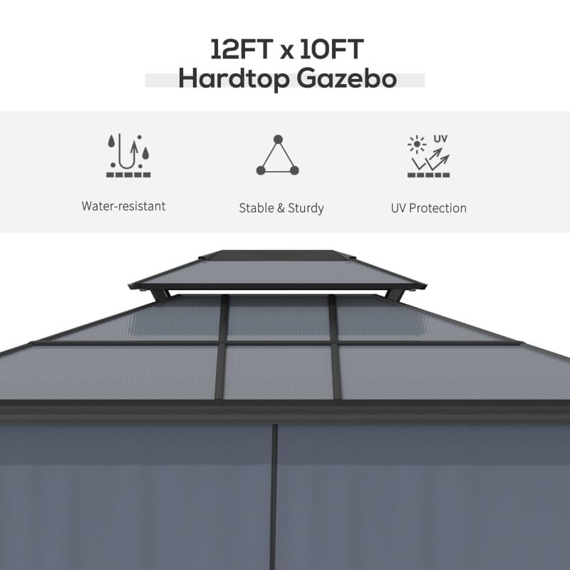 10x12 Hardtop Gazebo, Polycarbonate Gazebo Canopy with Curtains, Aluminum Frame Outdoor Canopy for Patios, Decks, Gardens, Lawns and Pools