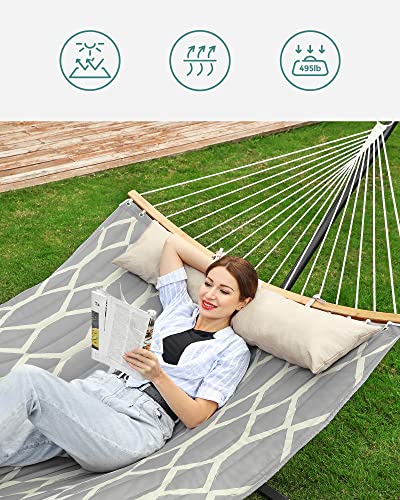 SONGMICS Hammock, Quilted Hammock with Curved Bamboo Spreaders, Pillow, 78.7 x 55.1 Inches, Portable Padded Hammock Holds up to 495 lb, Gray and Beige Rhombus UGDC034G02
