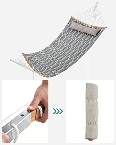SONGMICS Hammock, Quilted Hammock with Curved Bamboo Spreaders, Pillow, 78.7 x 55.1 Inches, Portable Padded Hammock Holds up to 495 lb, Gray and Beige Rhombus UGDC034G02
