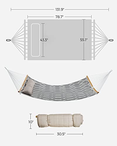 SONGMICS Hammock, Quilted Hammock with Curved Bamboo Spreaders, Pillow, 78.7 x 55.1 Inches, Portable Padded Hammock Holds up to 495 lb, Gray and Beige Rhombus UGDC034G02