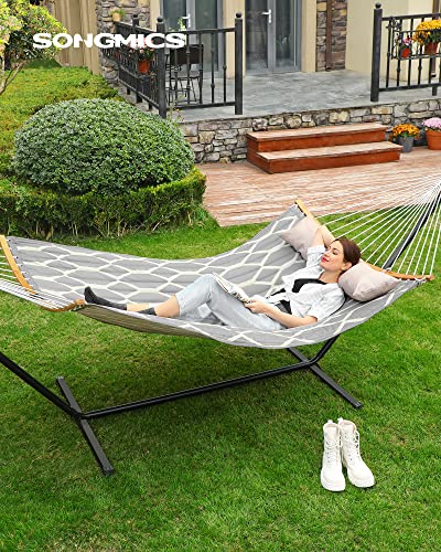 SONGMICS Hammock, Quilted Hammock with Curved Bamboo Spreaders, Pillow, 78.7 x 55.1 Inches, Portable Padded Hammock Holds up to 495 lb, Gray and Beige Rhombus UGDC034G02