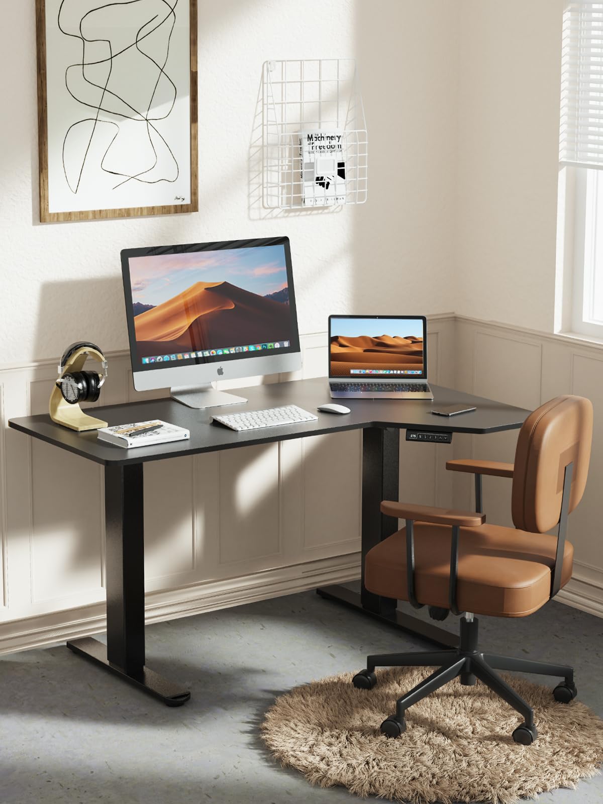 Totnz Standing Desk Adjustable Height, 55 x 34 Inch Electric Standing Desk,L Shaped Standing Desk Memory for Home Office Computer Desk with Headphone Hook,Obsidian