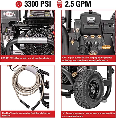 SIMPSON Cleaning PS3228 PowerShot 3300 PSI Gas Pressure Washer, 2.5 GPM, Honda GX200 Engine, Includes Spray Gun and Extension Wand, 5 QC Nozzle Tips, 5/16-inch x 25-foot MorFlex Hose