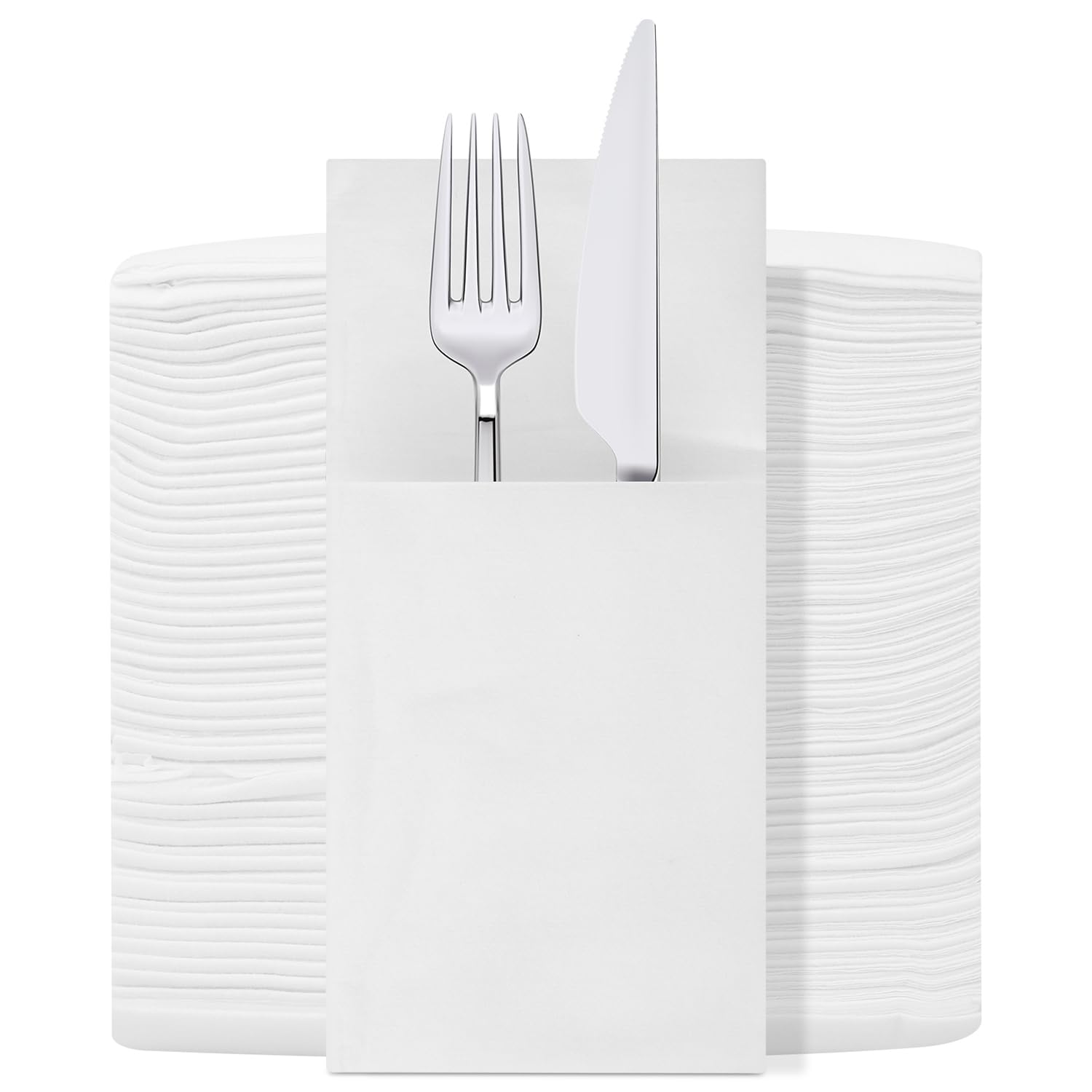 Trimming Shop White Disposable Linen Feel Cloth Napkins with Built-in Flatware Pocket, Pre-Folded Paper Hand Napkins for Wedding, Dinners, Events, Kitchen, Birthday Parties, Decoration (Pack of 50)